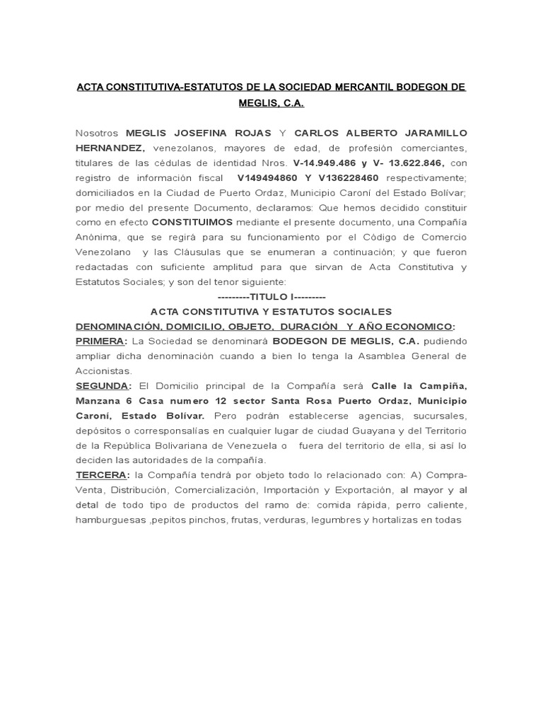 Acta Constitutiva Bodegon de Meglis C.A | PDF | Compartir (Finanzas) | Dividendo