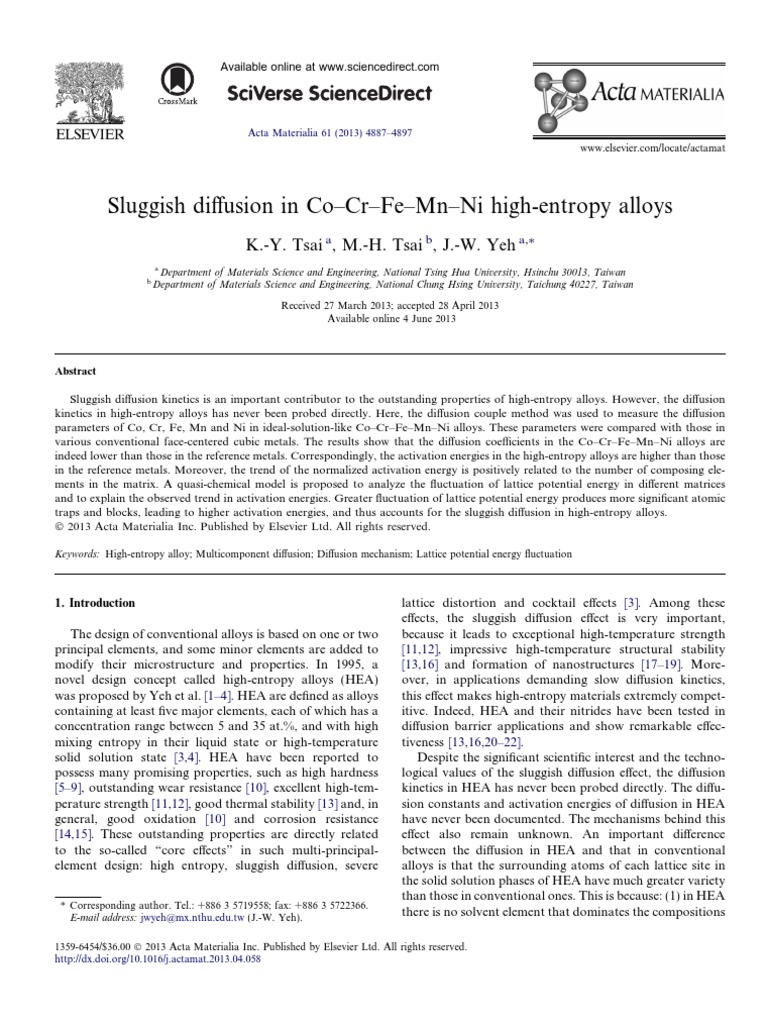Sluggish Diffusion in Co-Cr-Fe-Mn-Ni High-Entropy Alloys: K.-Y. Tsai, M.-H. Tsai, J.-W. Yeh ...