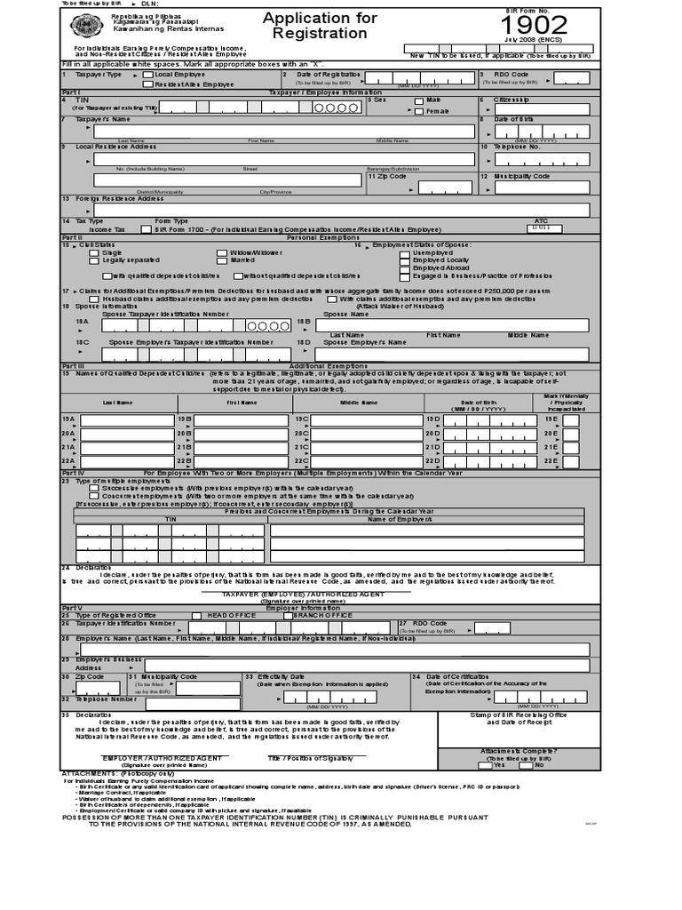 BIR FORM 1902 - Application For Registration | PDF | Identity Document | Taxpayer