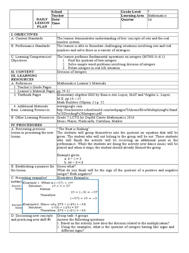 Division of Integers | PDF | Integer | Teaching Mathematics