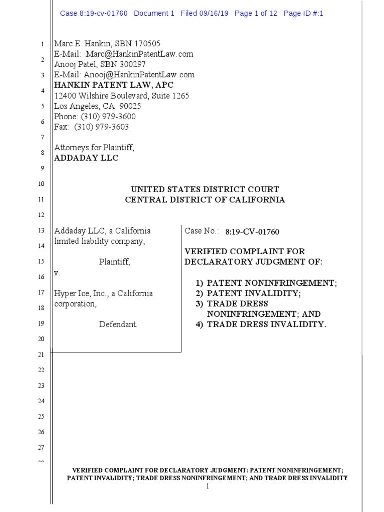 Addaday v. Hyper Ice - Complaint | PDF | Declaratory Judgment | Complaint