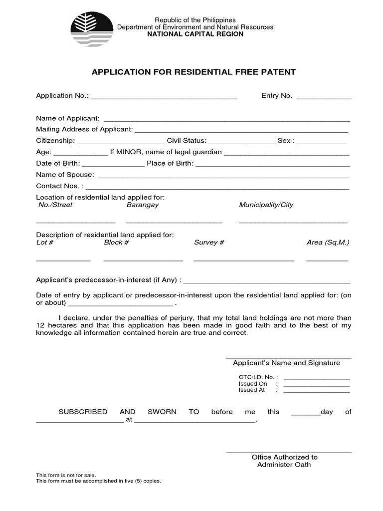 Residential Free Patent Application Form | PDF | Government And ...