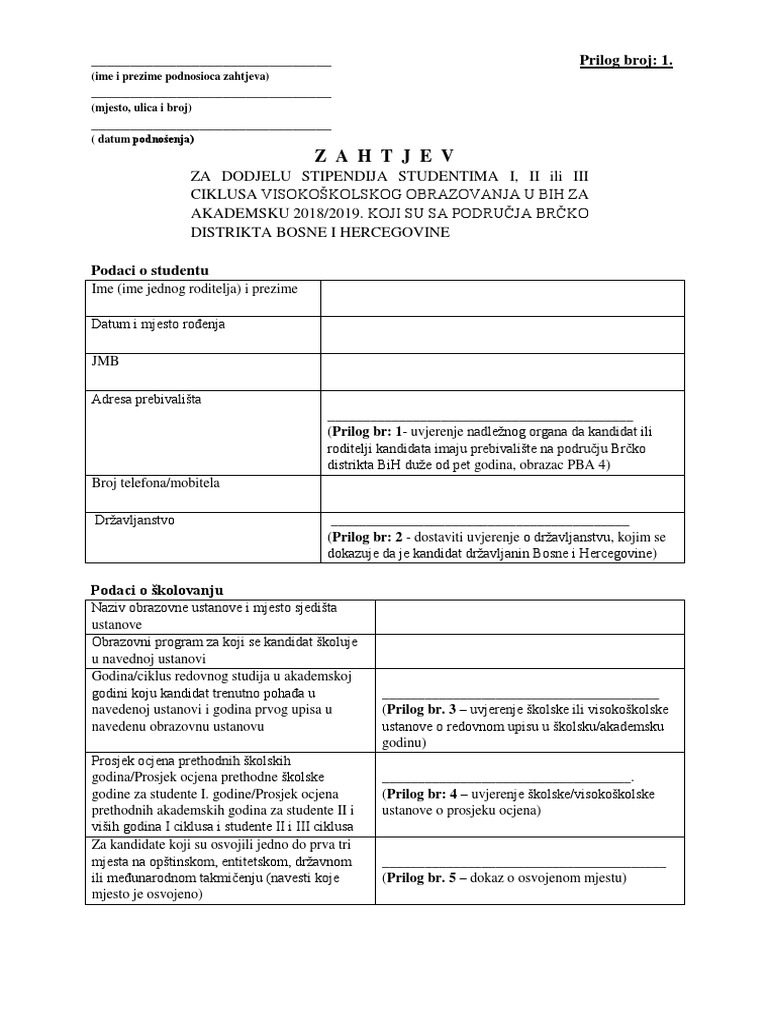 Obrazac Zahtjeva Za Dodjelu Stipendija | PDF