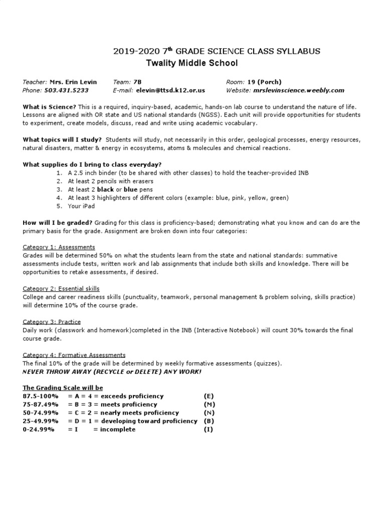2019 - 2020 7th Grade Science Syllabus | PDF | Homework | Learning