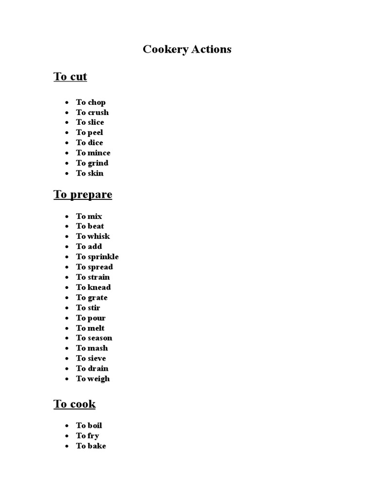 Cookery Actions | PDF | Food And Drink Preparation | Cooking