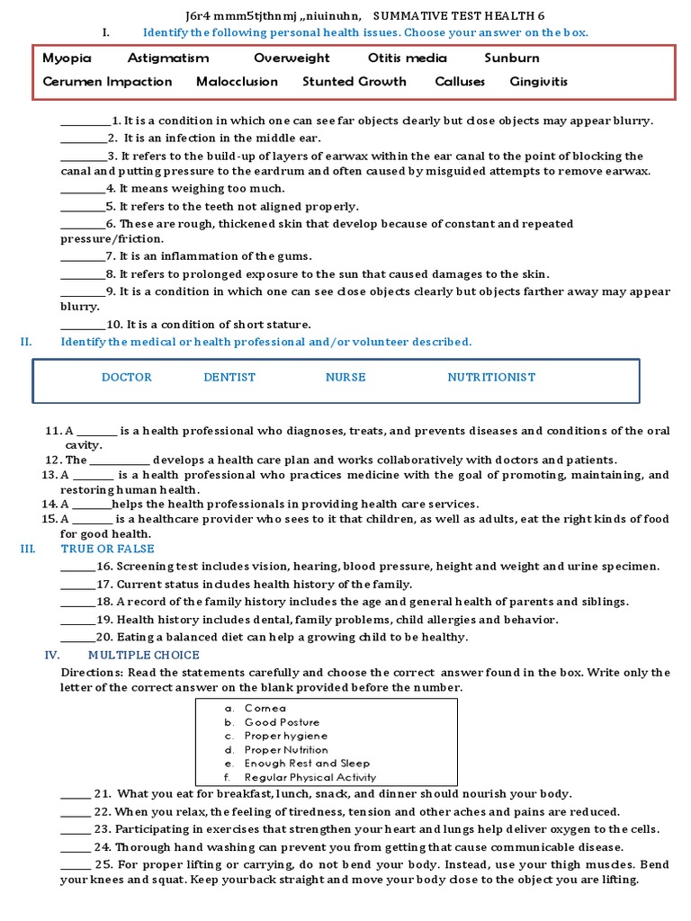 Summative Test No. 2 Health 6 | PDF | Health Professional | Human Body