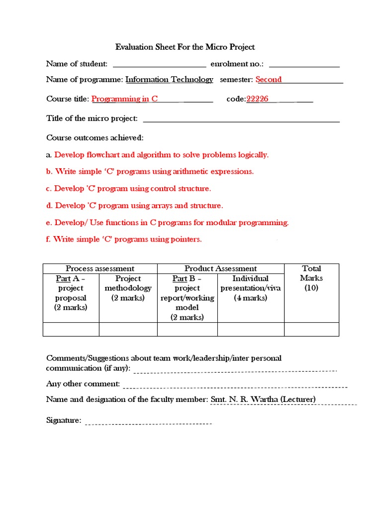 Evaluation Sheet For The Micro Project (Repaired) | PDF | C (Programming Language) | Computer ...