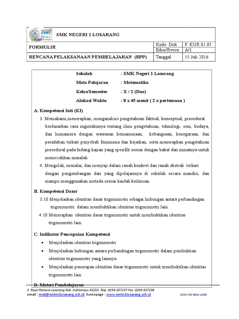 RPP Trigono Identitas Trigonometri (Baru) | PDF | Metode & Bahan Ajar | Seni
