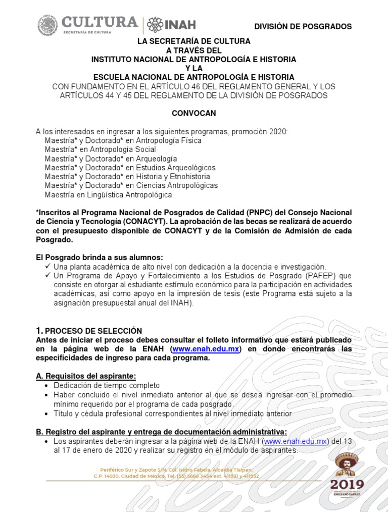 Admisión a Posgrados ENAH 2020 | PDF | Titulo academico | Academia