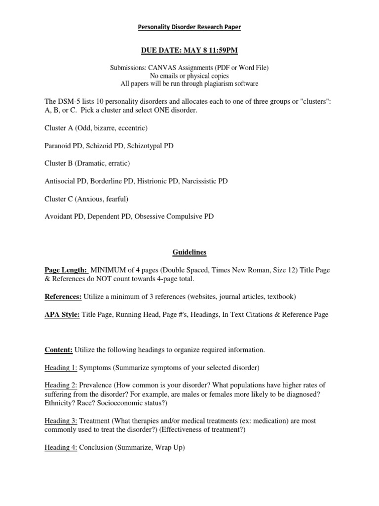 Personality Disorder Paper Guidelines - 1323413661 | PDF