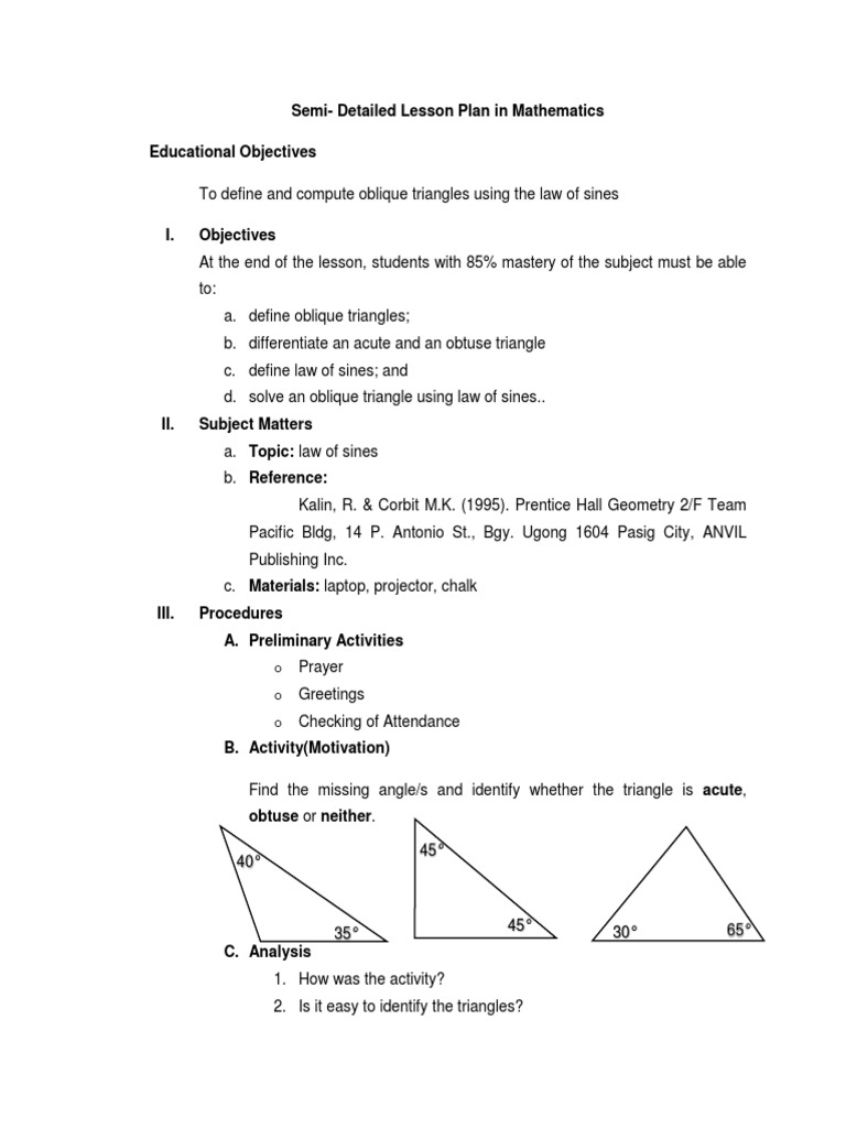 Law of Sines Lesson Plan | PDF | Trigonometric Functions | Triangle