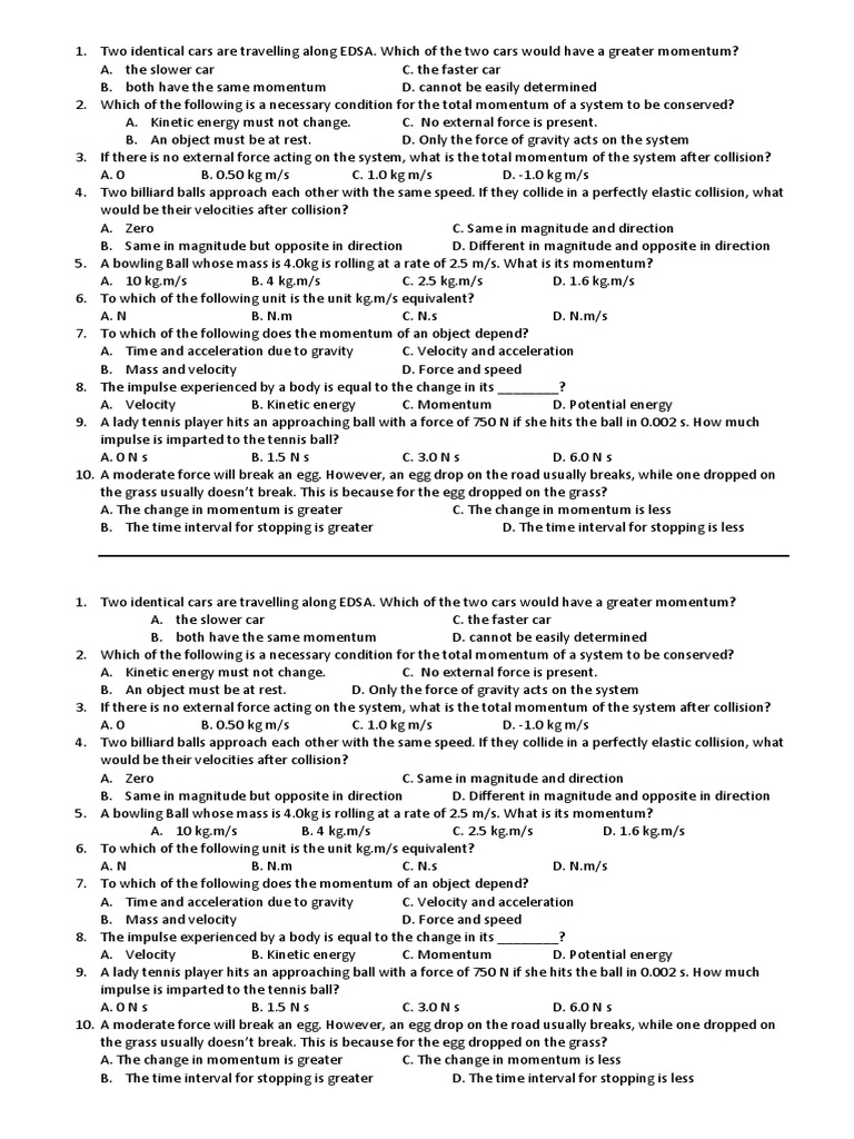 Quiz Impulse and Momentum | PDF | Momentum | Collision
