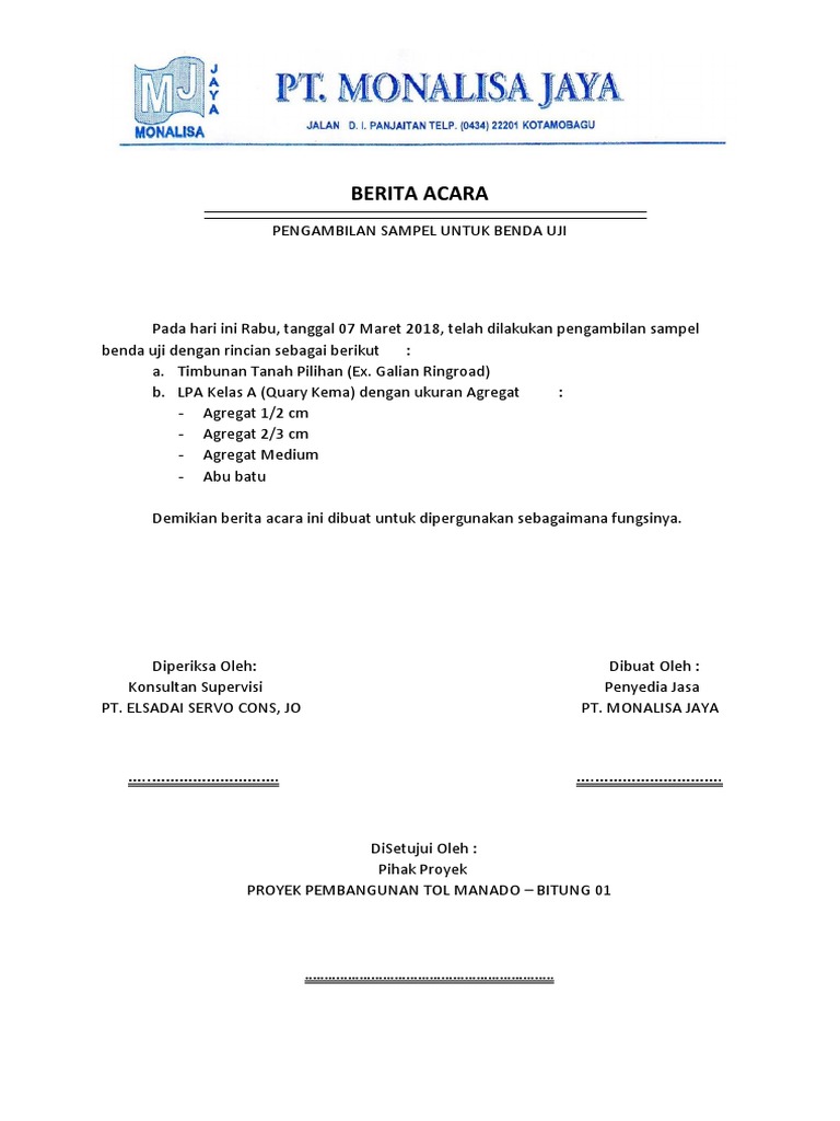 Contoh Berita Acara Pengambilan Sampel Benda Uji Laboratorium | PDF