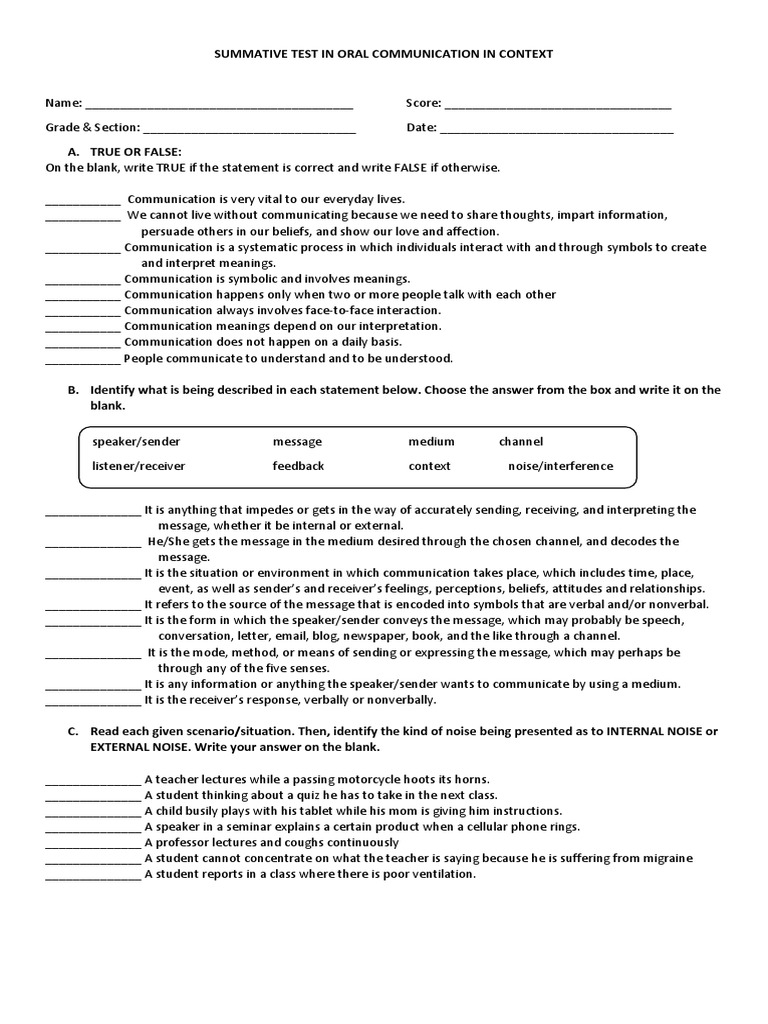 Grade 11 Oral Communication Test | PDF | Communication | Psychological ...
