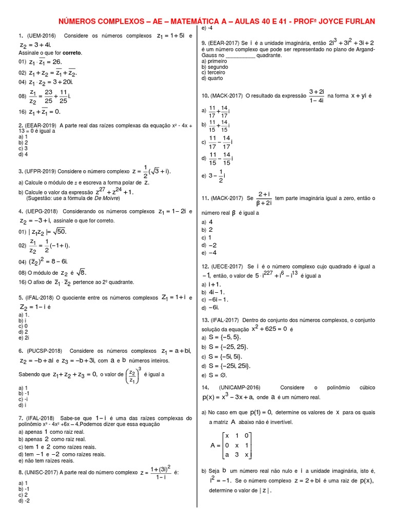 Números complexos – AE – Matemática A – Aulas 40 e 41 - Profa Joyce Furlan | PDF | Número ...
