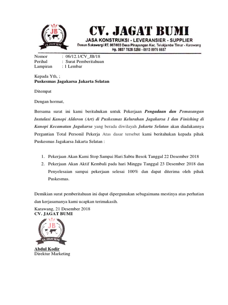 Contoh Surat Pemberitahuan | PDF