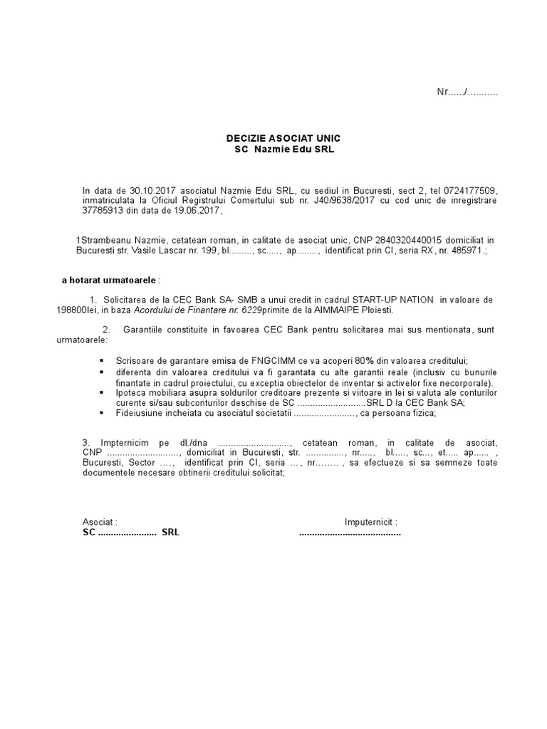 Model - Decizie Asociat Unic | PDF