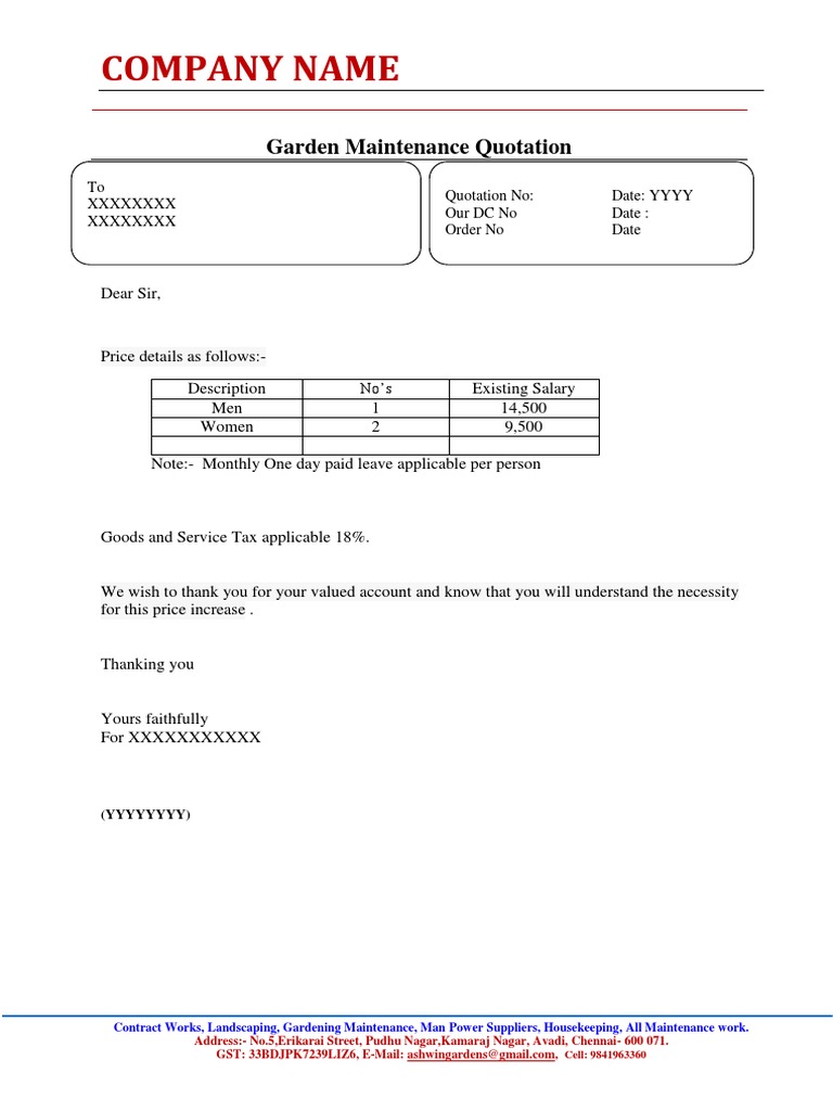 Garden Maintenance Quotation Template | PDF