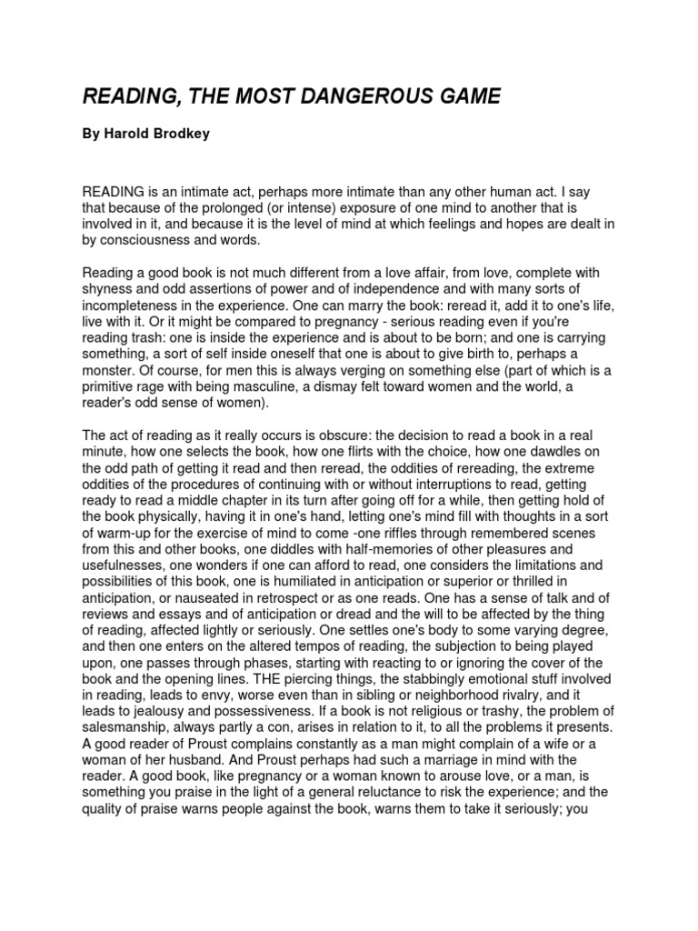 Reading, The Most Dangerous Game: by Harold Brodkey | PDF | Reality | Mind