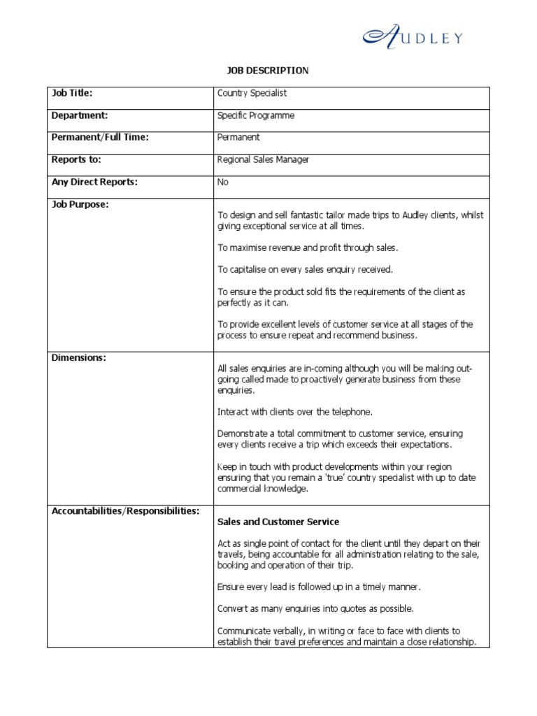 Job Description Job Title: Department: Permanent/Full Time: Reports To ...