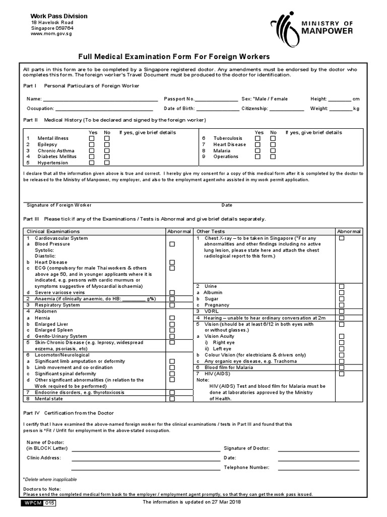 Full Medical Examination Form For Foreign Workers: Work Pass Division ...