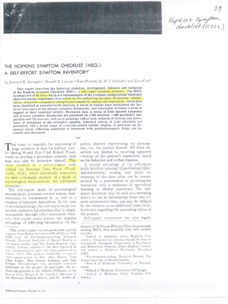 Hopkins Symptom Checklist (1974) PDF | PDF