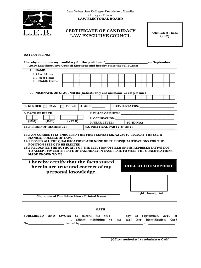 Certificate of Candidacy | PDF | Identity Document | Official Documents