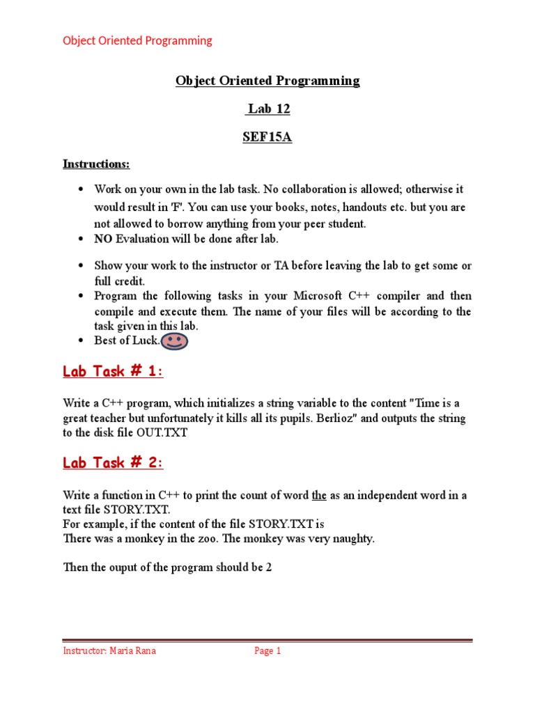 Object Oriented Programming Lab 12 SEF15A: Instructions | PDF