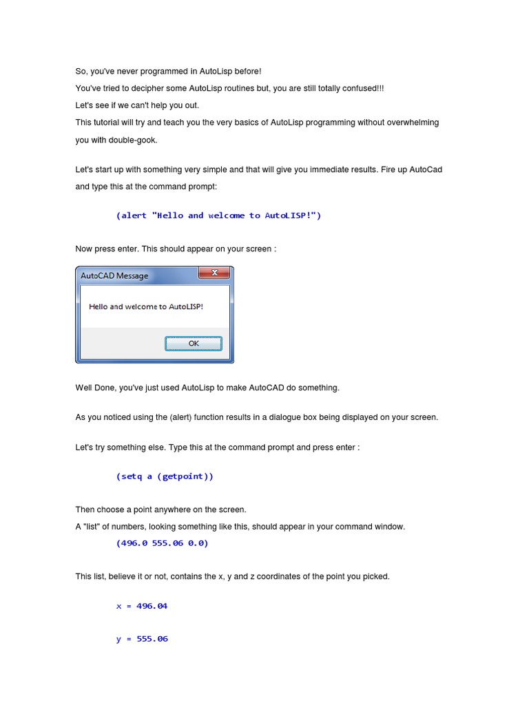 Alert "Hello and Welcome To Autolisp!" | PDF | Software Development | Computer Engineering