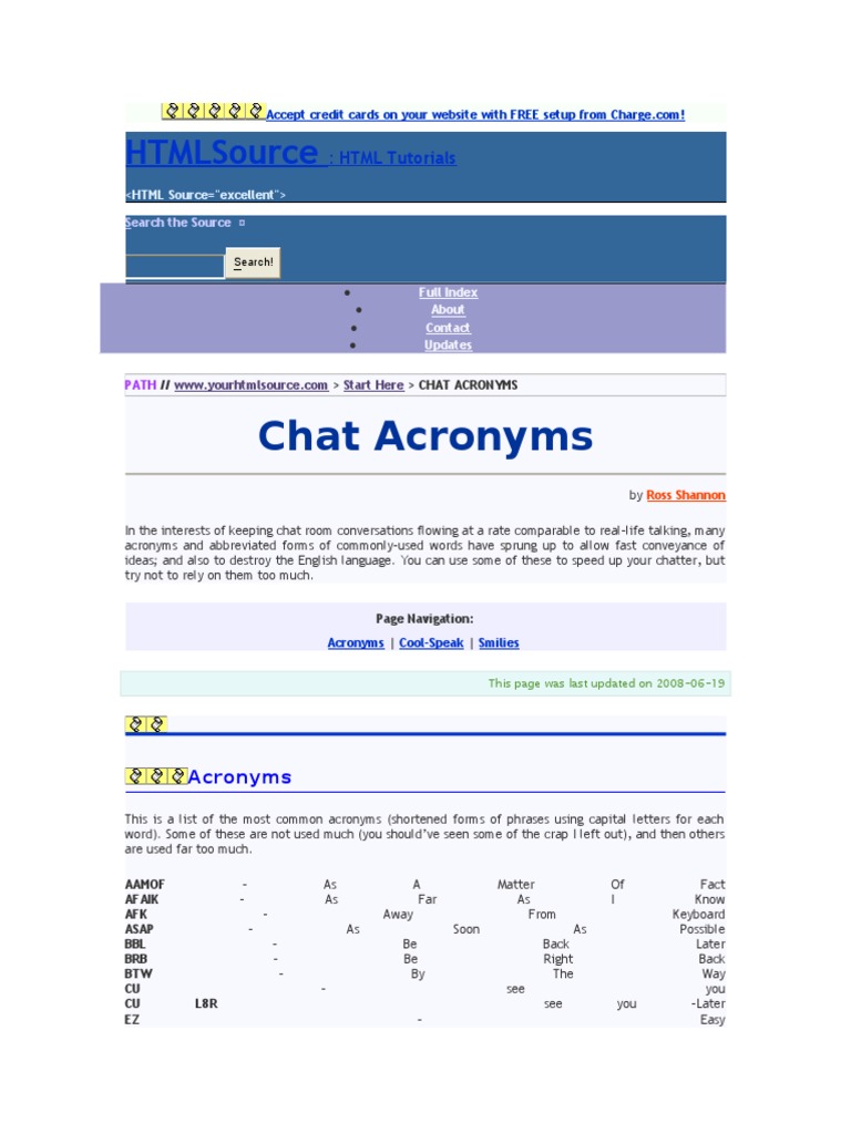 Chat Acronyms | PDF | Cyberspace | Slang
