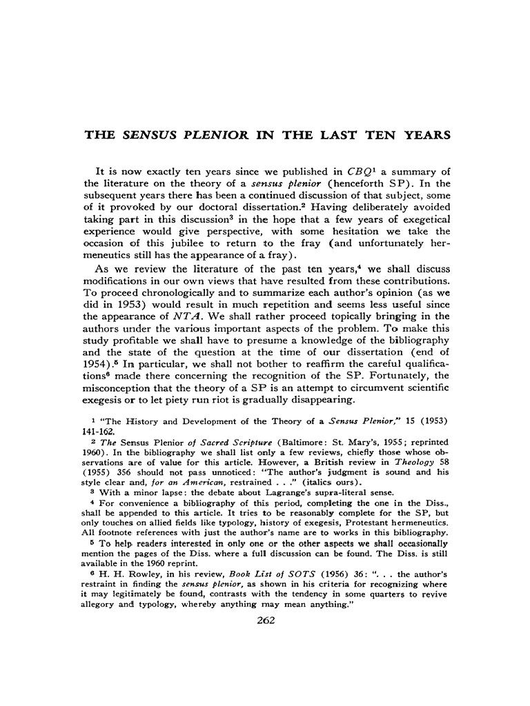 Brown, Raymond E. - The Sensus Plenior in The Last Ten Years | PDF