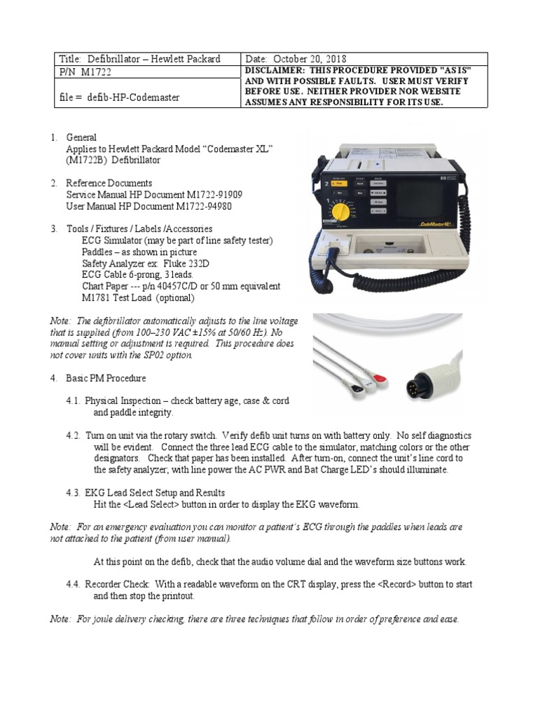 Title: Defibrillator - Hewlett Packard Date: October 20, 2018 P/N M1722 ...