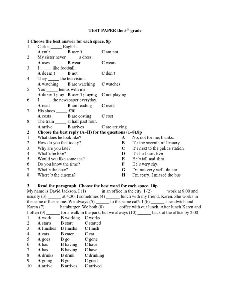 TEST PAPER The 5th Grade 2019 | PDF | Lunch