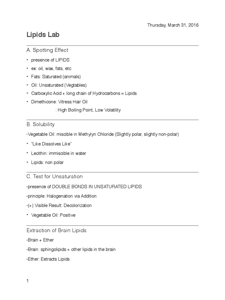 Lipids Lab: A. Spotting Effect | PDF