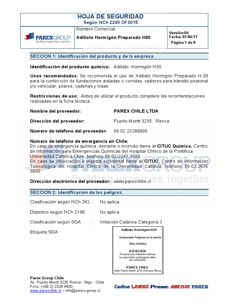 Hoja de Seguridad Hormigón H30 Adilisto | PDF | Aluminio | Sal (química)