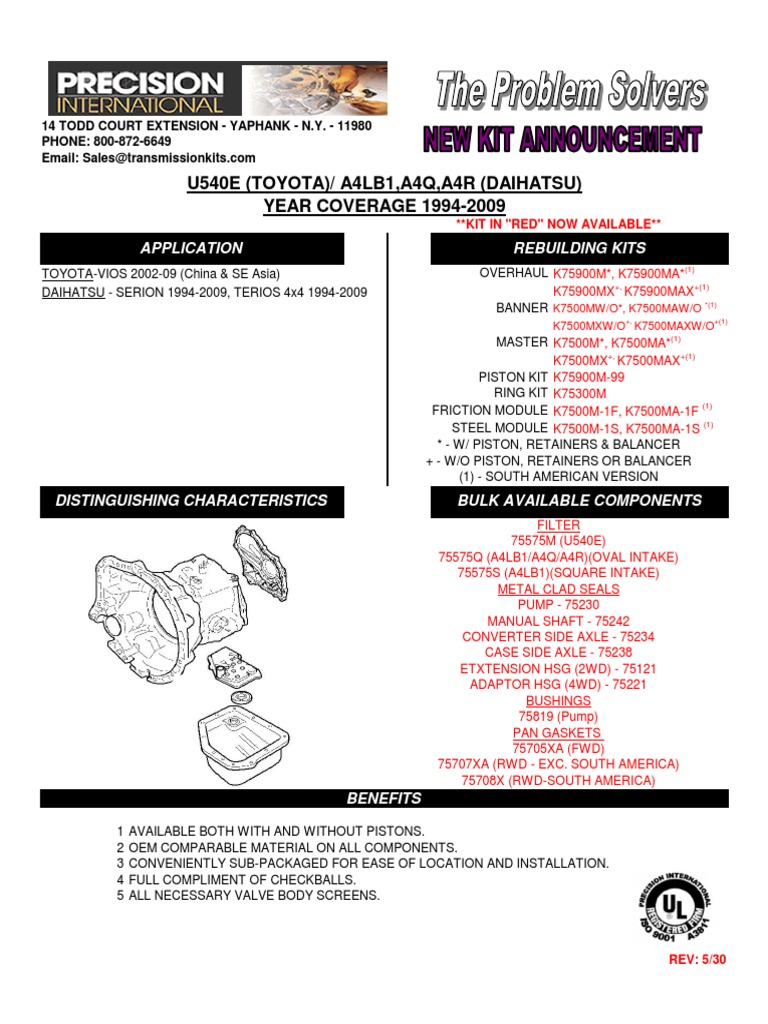 Rebuild U540E/A4LB1 Transmission Kits | PDF | Piston | Automotive Industry