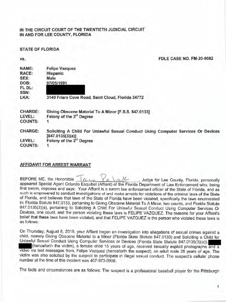 Felipe Vazquez Arrest Warrant Affidavit Signed - Redacted | PDF