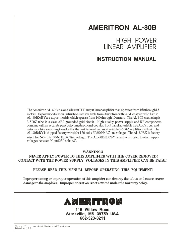 Ameritron AL-80B Amplifier Manual | PDF | Vacuum Tube | Amplifier