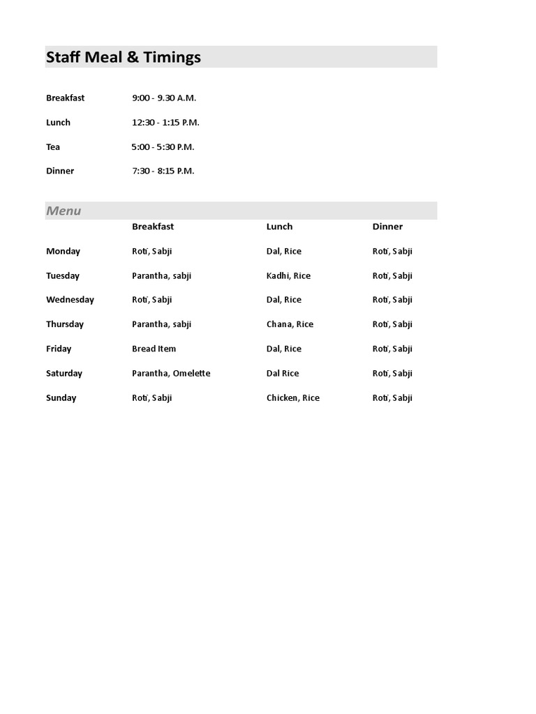 Staff Meal & Timings: Breakfast Lunch Dinner | PDF