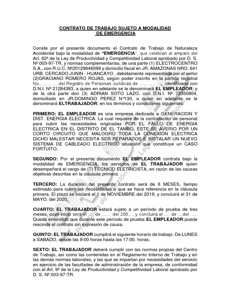 Contrato Accidental Emergencia | Descargar gratis PDF | Derecho laboral | Justicia