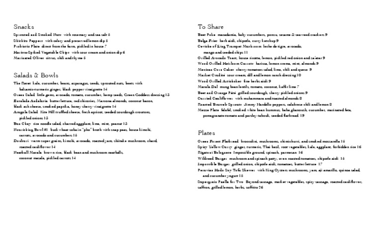 Wildseed Dinner Menu | PDF | Pickling | Salad