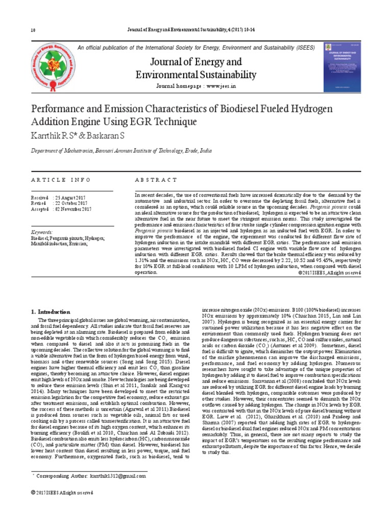 Performance and Emission Characteristics of Biodiesel Fueled Hydrogen Addition Engine Using EGR ...