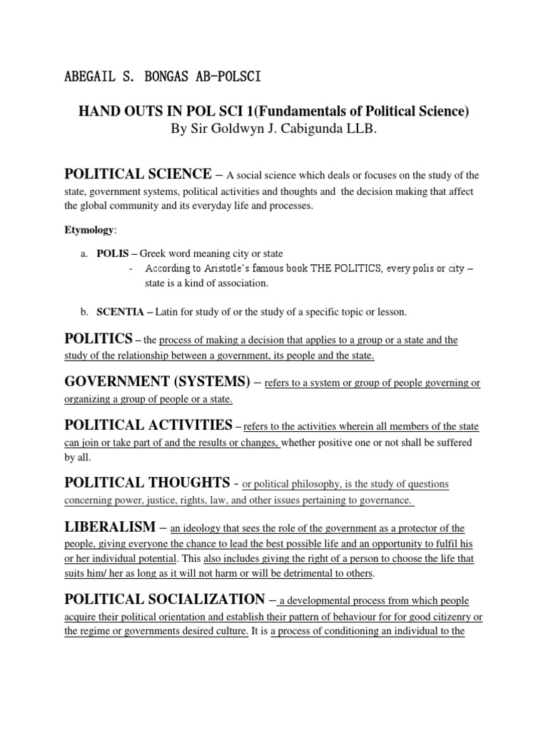 HAND OUTS IN POL SCI 1 (Fundamentals of Political Science) : Abegail S ...