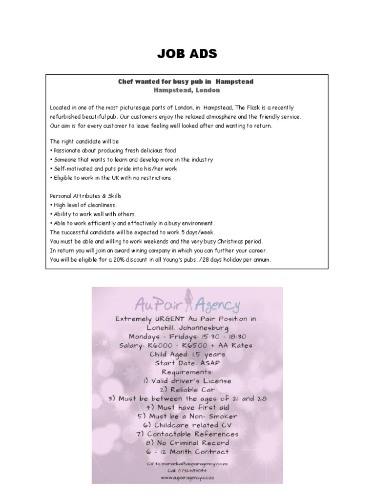 Job Ads: Chef Wanted For Busy Pub in Hampstead | PDF