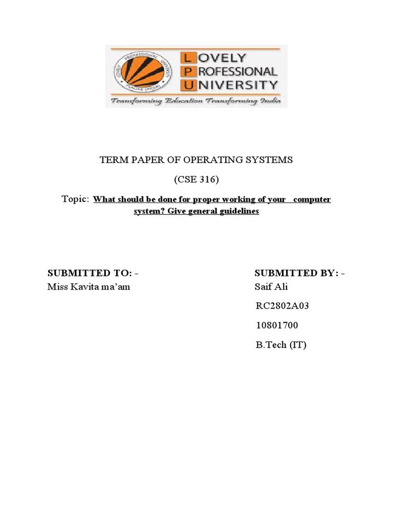 Term Paper of Operating Systems (CSE 316) Topic | PDF | Malware | Computer Virus