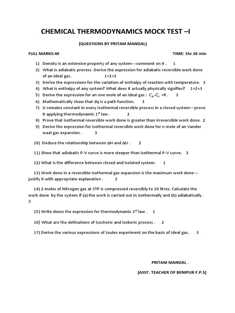 Chemical Thermodynamics Mock Test - I | PDF