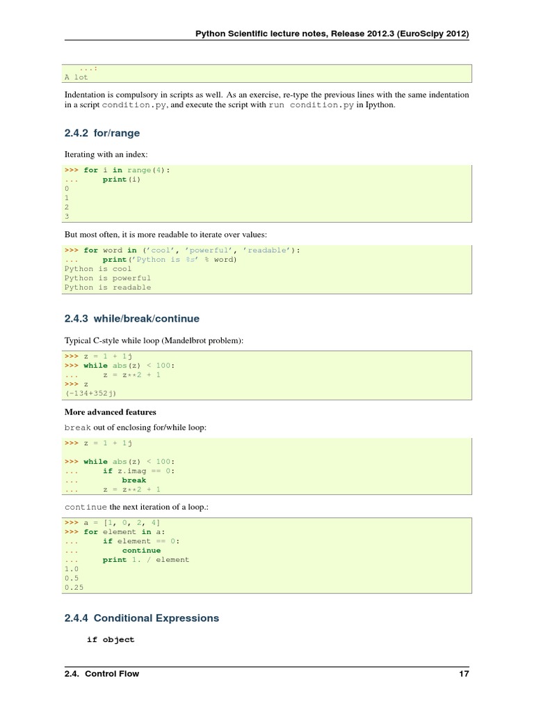 2.4.2 For/Range: Python Scientific Lecture Notes, Release 2012.3 ...