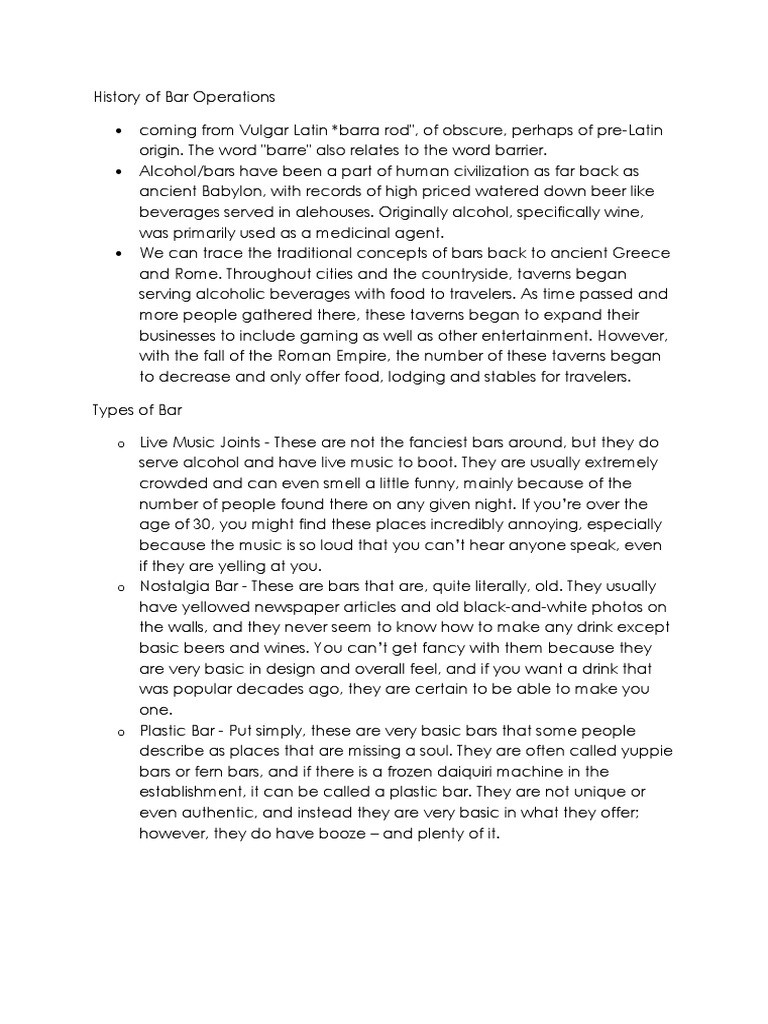 History of Bar Operations | PDF | Bar | Tavern