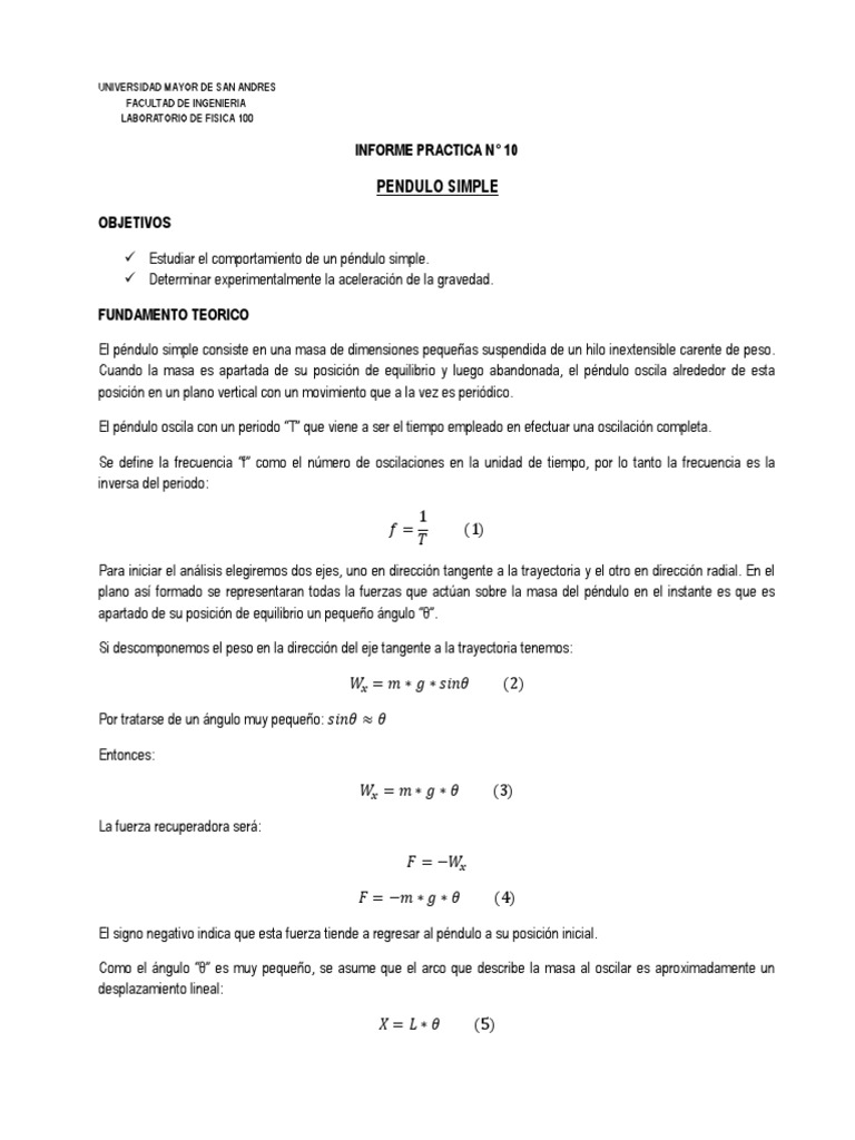 Informe Pendulo Simple | PDF | Péndulo | Masa