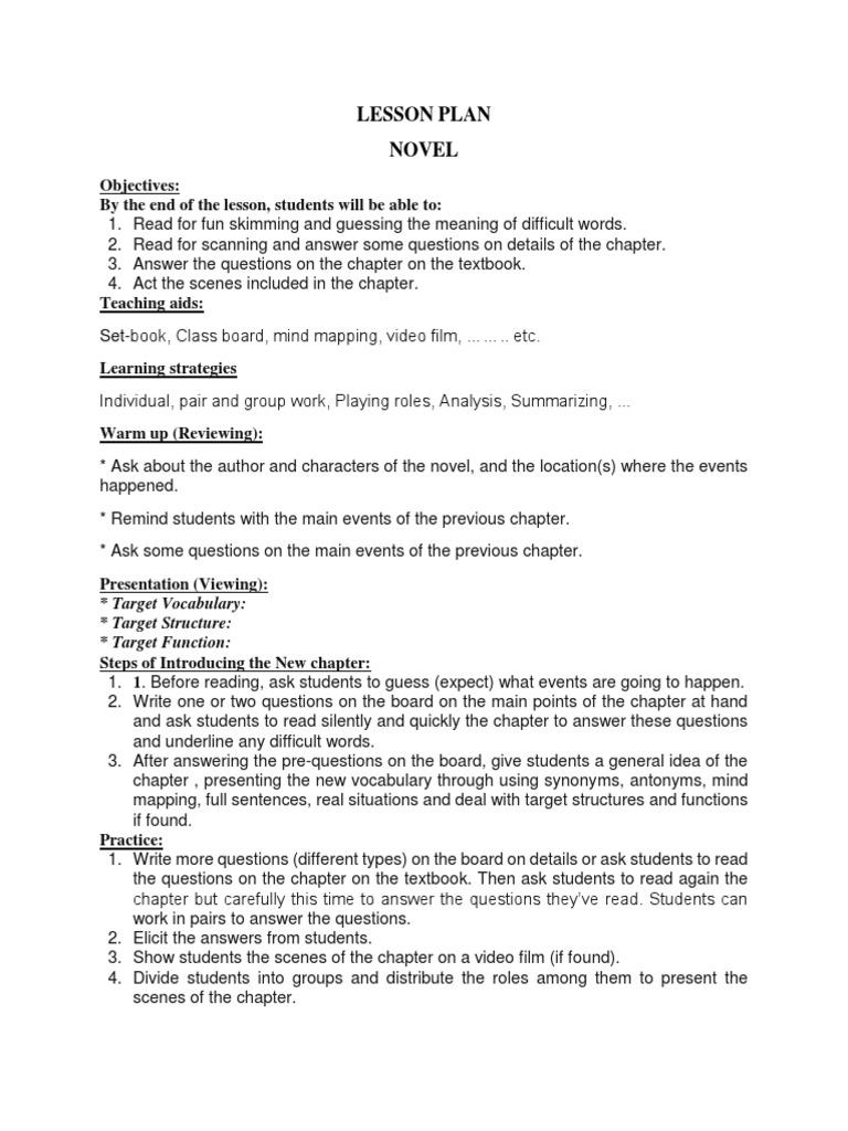 Lesson Plan Novel: Objectives: by The End of The Lesson, Students Will ...